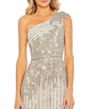 Mac Duggal Beaded Embellished One-shoulder A-line Gown - Silver Nude