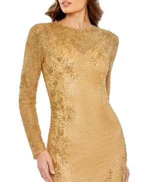 Mac Duggal Long Sleeve Embellished Evening Gown - Gold