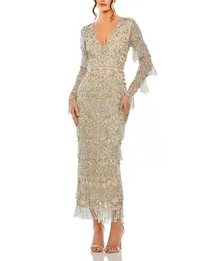 Mac Duggal V-neck Beaded Fringe Embellished Dress - Nude Silver