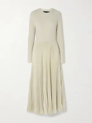 Ralph Lauren Pleated Wool Ribbed-Knit Midi Dress - Cream | Editorialist