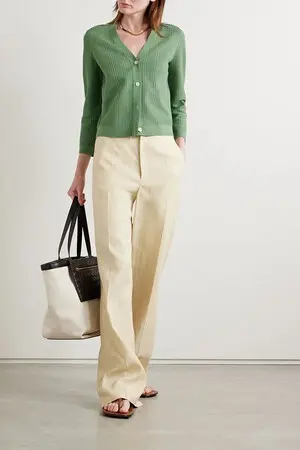 Theory Cropped Ribbed Cardigan - Sage Green