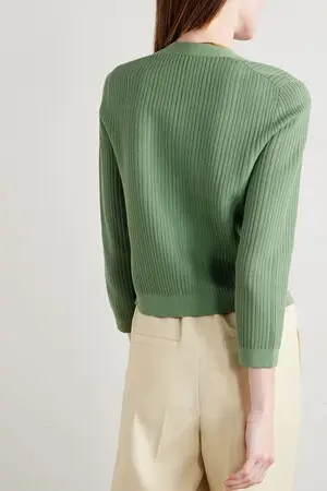 Theory Cropped Ribbed Cardigan - Sage Green