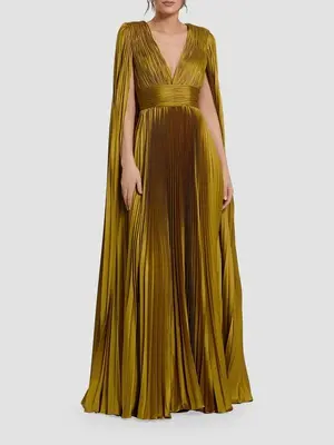 Mac Duggal Metallic Pleated Charmeuse Cape Gown - Chartreuse