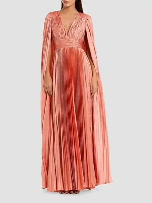 Mac Duggal Metallic Pleated Charmeuse Cape Gown - Peach