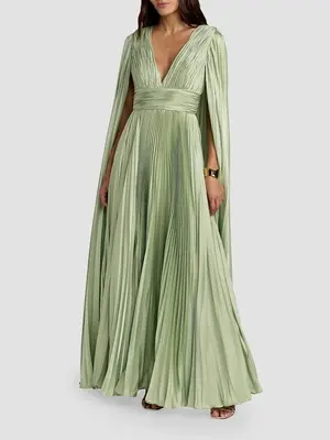 Mac Duggal Metallic Pleated Charmeuse Cape Gown - Sage