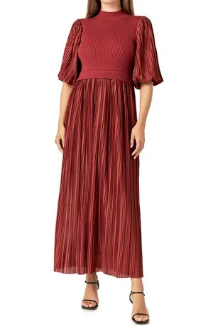 English Factory Mixed Media Pleated Dress - Brick