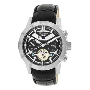 HERITOR AUTOMATIC Semi-skeleton Leather-band Watch - Silver/black