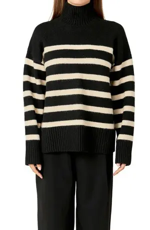 English Factory Stripe Turtleneck Sweater - Black/ Cream