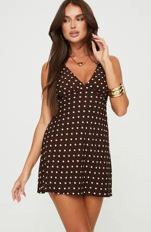 Princess Polly Nellie Polka Dot Mini Dress - Brown