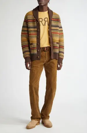 Double Rl Stripe Shawl-collar Wool Cardigan
