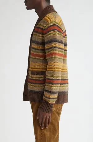 Double Rl Stripe Shawl-collar Wool Cardigan