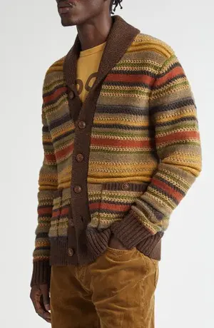 Double Rl Stripe Shawl-collar Wool Cardigan