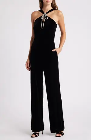 Eliza J Rhinestone Tie Neck Velvet Jumpsuit - Black