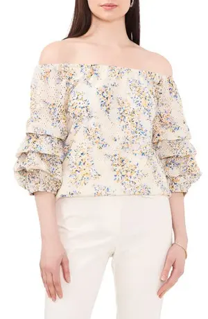 Chaus Eyelet Off-the-shoulder Blouse - Ivory/lavender/blue