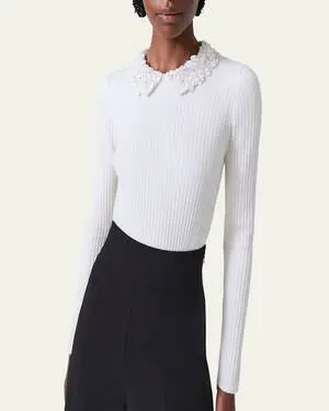 Carolina Herrera Ribbed Knit Sweater With Removable Lace Collar