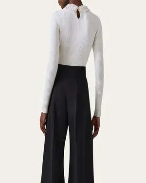 Carolina Herrera Ribbed Knit Sweater With Removable Lace Collar