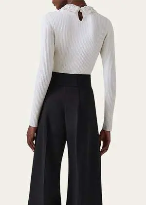 Carolina Herrera Ribbed Knit Sweater With Removable Lace Collar