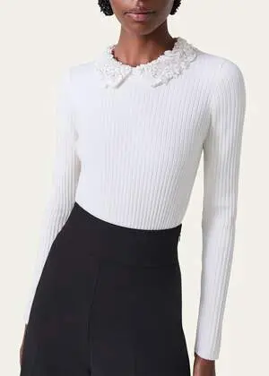 Carolina Herrera Ribbed Knit Sweater With Removable Lace Collar