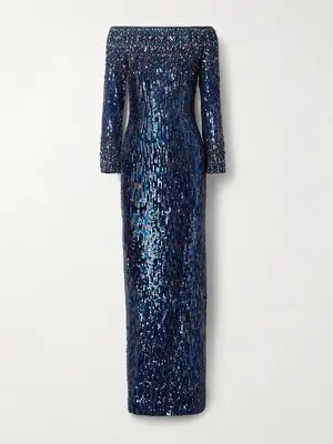 Jenny Packham Off-the-shoulder Crystal And Sequin-embellished Tulle Gown