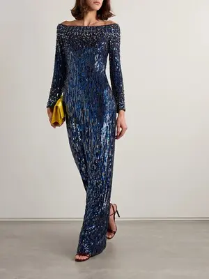 Jenny Packham Off-the-shoulder Crystal And Sequin-embellished Tulle Gown