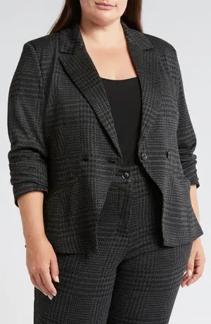 Universal Standard Bianca Stretch Ponte Double-breasted Blazer - Charcoal Houndstooth