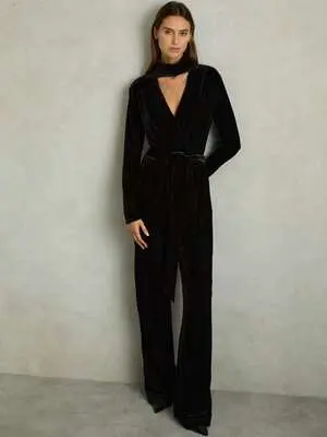 REISS Vera Velvet Belted Wide Leg Jumpsuit - Black