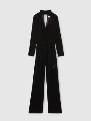 REISS Vera Velvet Belted Wide Leg Jumpsuit