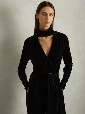 REISS Vera Velvet Belted Wide Leg Jumpsuit