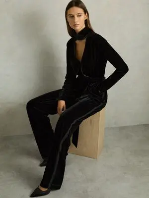 REISS Vera Velvet Belted Wide Leg Jumpsuit