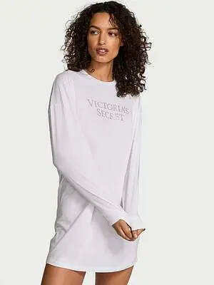 Victoria's Secret 100% Cotton Long-sleeve Pocket Sleep Tee - White,ivory