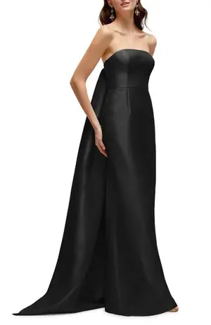 Alfred Sung Strapless Satin Twill Column Gown With Removable Train - Black