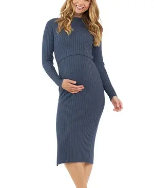 RIPE MATERNITY Nella Rib Nursing Knit Midi Dress - Denim Marle
