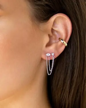 Ettika Chain & Crystal Double Piercing Earrings - Silver