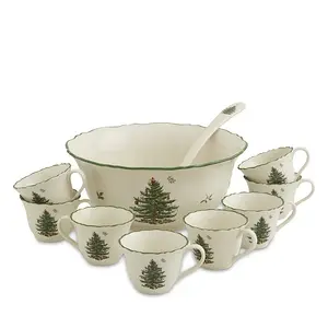 SPODE Christmas Tree 10-piece Punch Bowl Set - Green