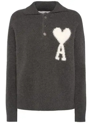 AMI Paris Logo Alpaca Blend Polo Sweater - Grey