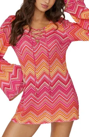 PQ SWIM Noah Metallic Long Sleeve Cover-up Tunic - Cayenne