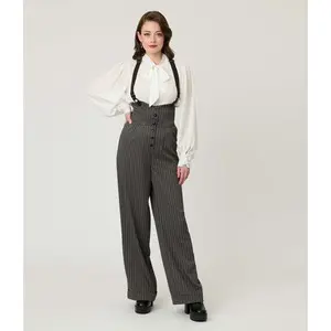 Unique Vintage Thelma High Waist Suspender Pants - Charcoal Pinstripe