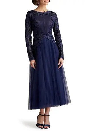 Tadashi Shoji Embroidered Long Sleeve Fit & Flare Cocktail Dress In  Midnight - 25% Off | Editorialist