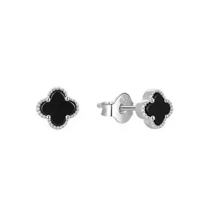 DONATELLO GIAN Solid 925 Sterling Black Onyx Clover Stud Earrings - Silver