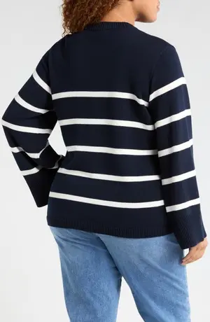 Universal Standard Bardot Stripe Cotton Sweater - Navy/ White Stripe