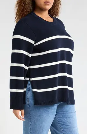 Universal Standard Bardot Stripe Cotton Sweater - Navy/ White Stripe