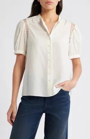 FRAME Lace Inset Silk Shirt - Cream