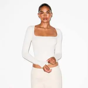 SKIMS Cotton Jersey Scoop Neck Long Sleeve Top - Marble