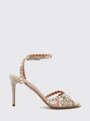 AQUAZZURA Tequila Sandals In Suede With Crystals And Stiletto Heels - Grey