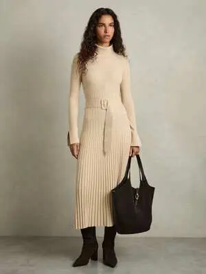 Women's Belted Ribbed Midi Dresses