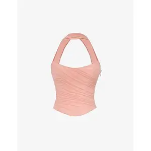 House Of Cb Hallie Strapless Stretch-woven Corset With Neck Scarf - Peach