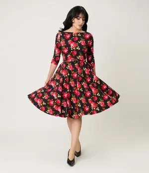 Unique Vintage Three Quarter Sleeve Belted Devon Swing Dress Black & Red Roses