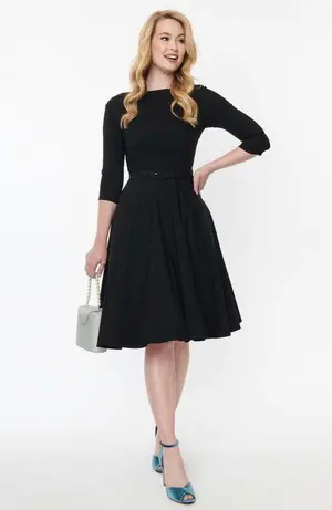 Unique Vintage Three Quarter Sleeve Belted Devon Swing Dress - Black