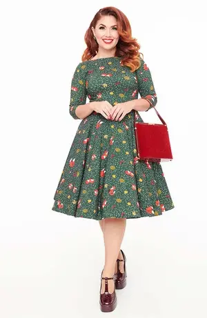 Unique Vintage Three Quarter Sleeve Belted Devon Swing Dress - Green