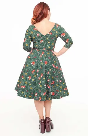 Unique Vintage Three Quarter Sleeve Belted Devon Swing Dress - Green